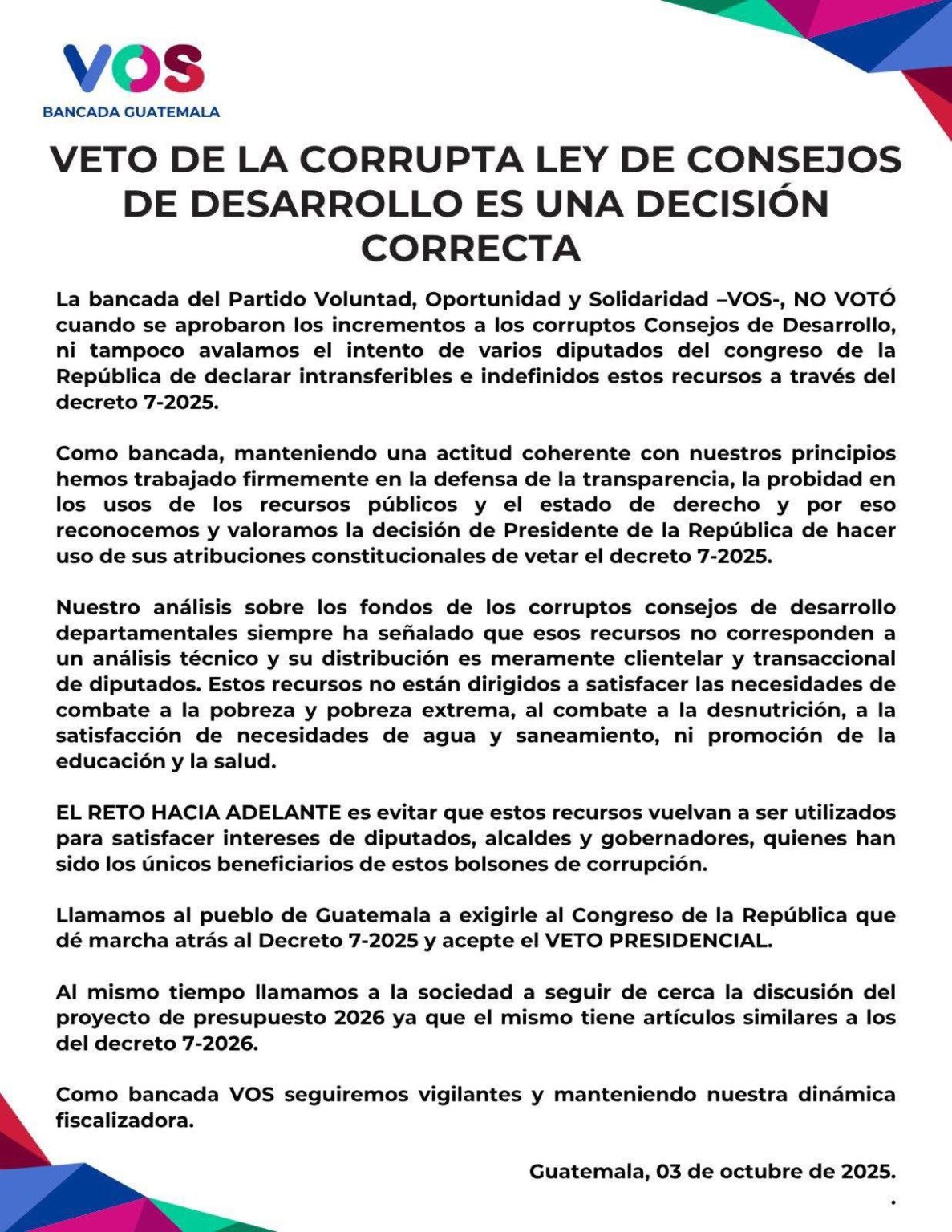 El Partido VOS aplaude veto a «la corrupta» ley de Codedes – El ...